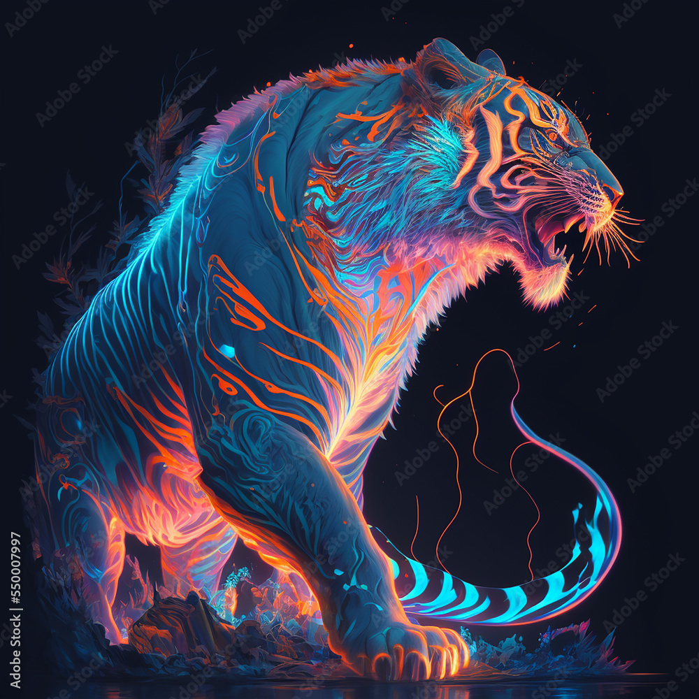 A golden tiger, golden fire, long tail, lightning, light effect, ultra ...