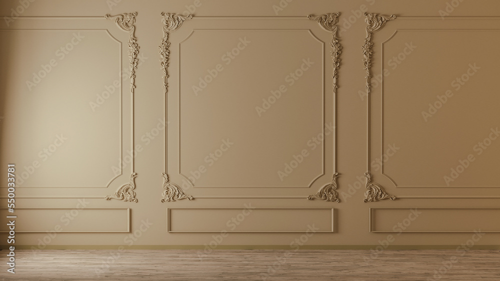 Beige wall with classic style mouldings and wooden floor, empty room ...