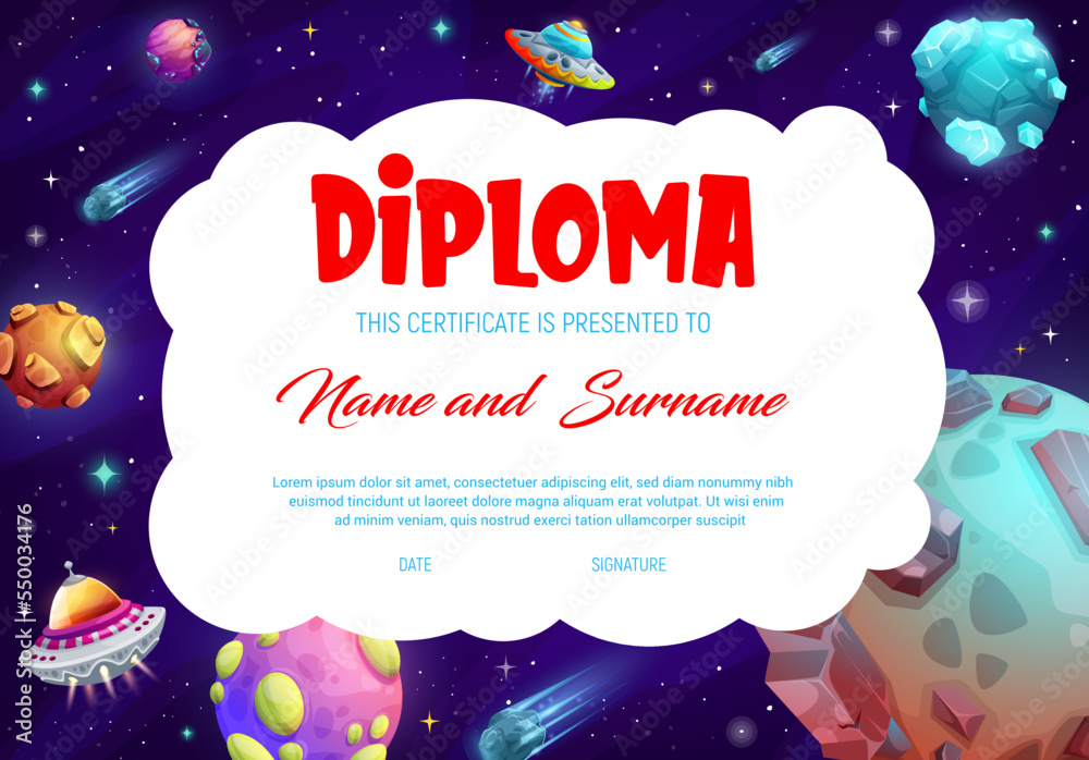 Kids diploma, cartoon ufo and alien starship in starry galaxy. Educational vector school or ...