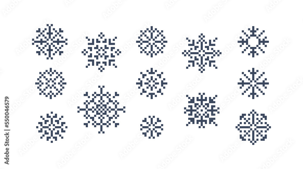 8 Bit pixel art snowflake icon set. isolated snow symbols. Stock ...