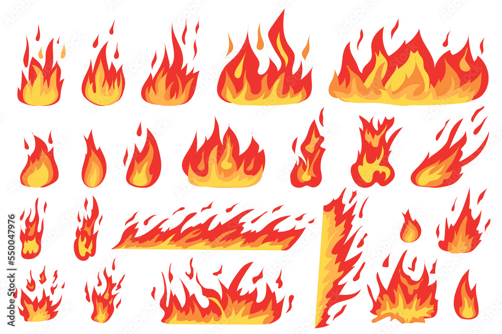 Burning fires set in cartoon design. Bundle of different types of flame ...