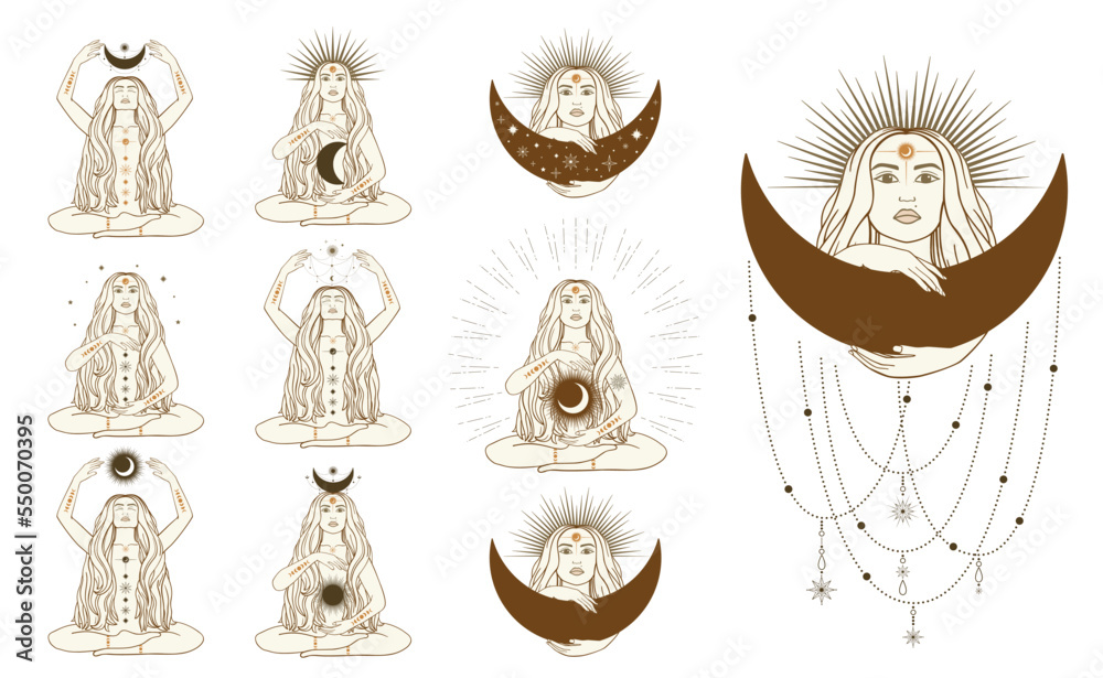 Vector de Stock Hand drawn set of silhouette mystical women with Sun ...