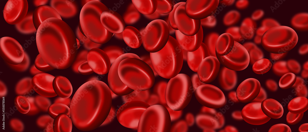 Group of erythrocytes close-up 3D. Red blood cells flowing in a vein or ...