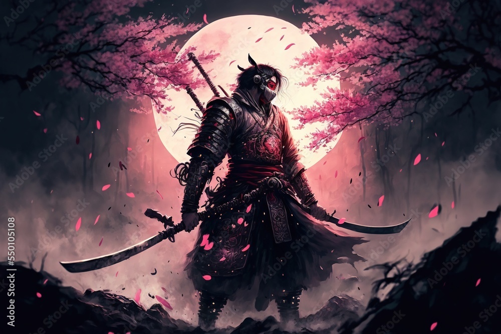 Stock-Illustration „A Samurai with two swords and a moon in the ...