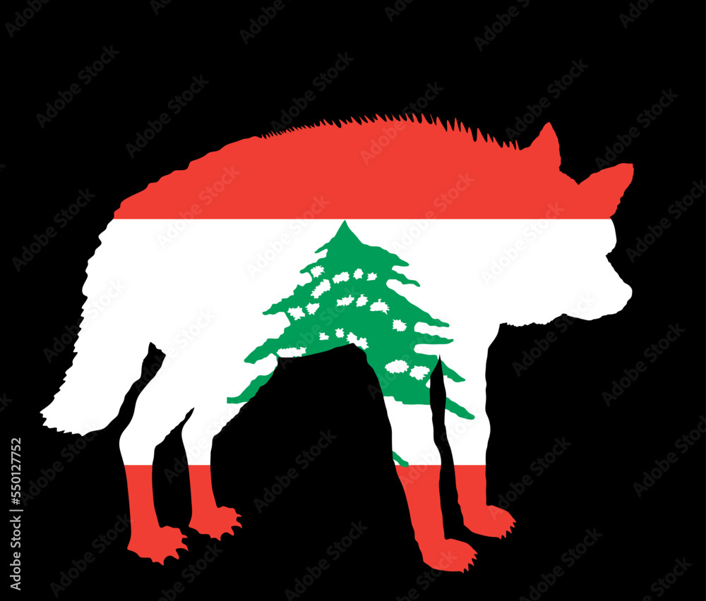 Lebanon flag over striped hyena vector silhouette illustration isolated ...