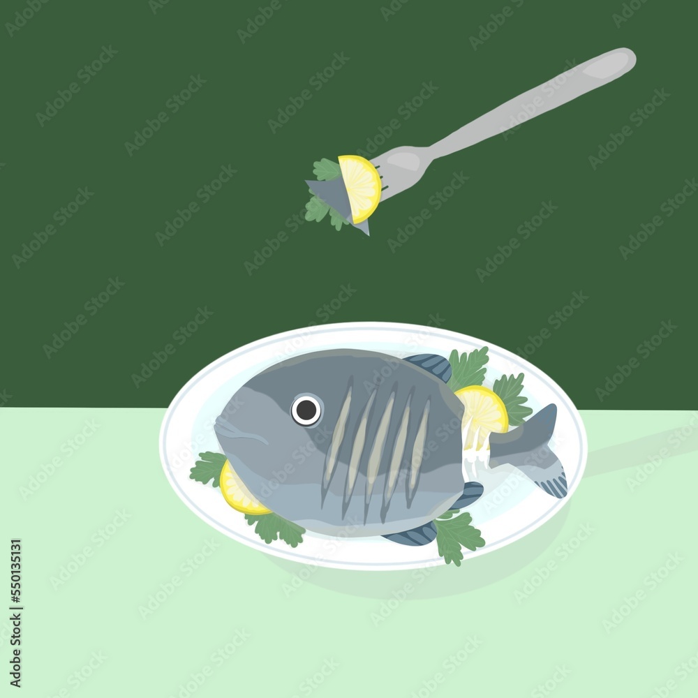Piatto con pesce fresco grigliato con limone e prezzemolo, grigliata di ...