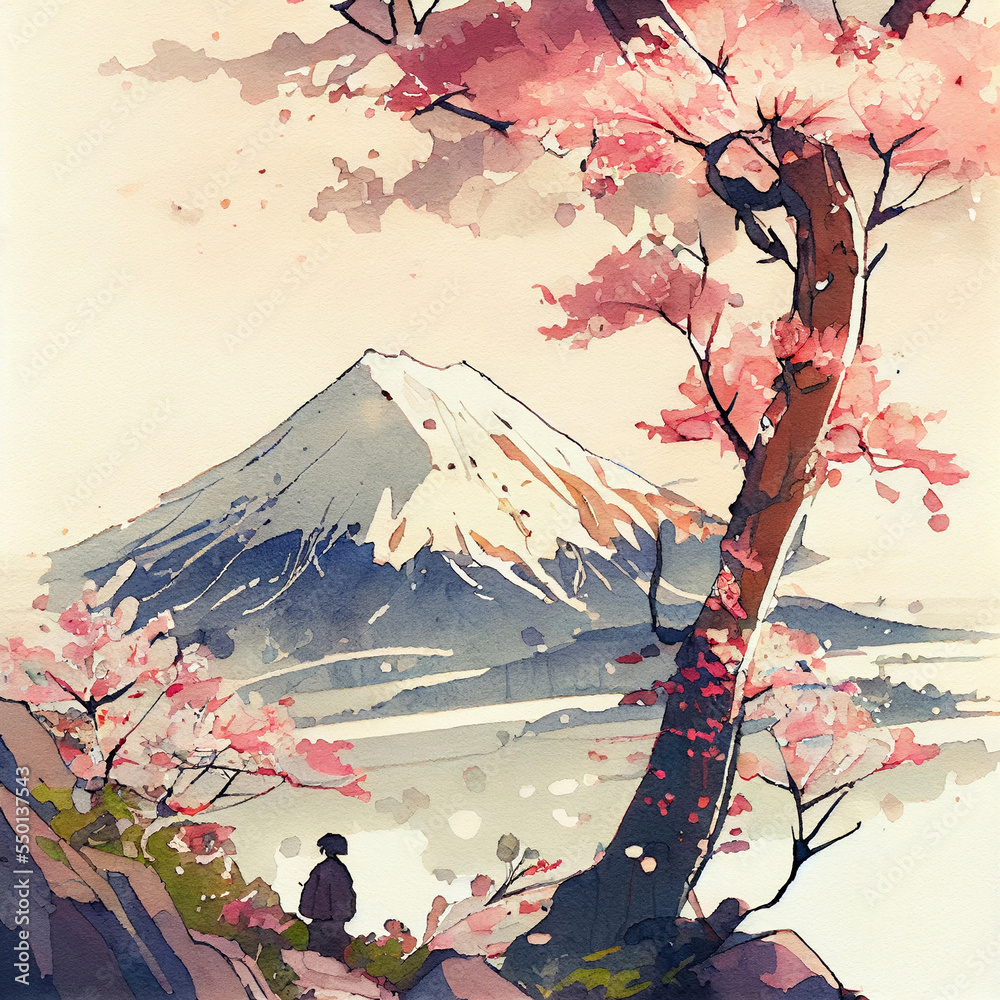 Japan traditional sumi-e painting. Fuji mountain, sakura, sunset. Japan ...