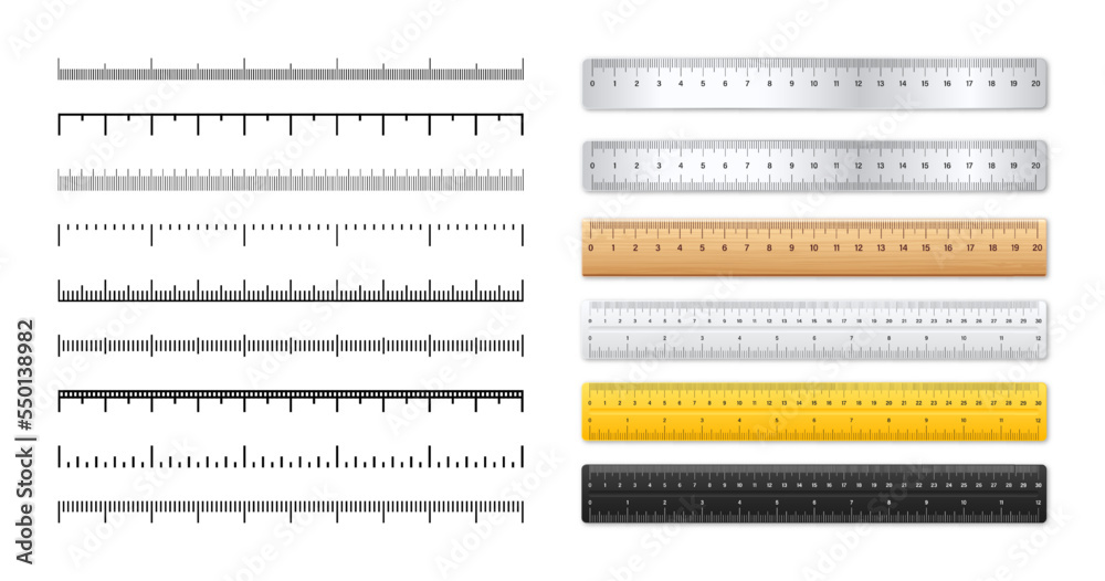 Realistic metal and plastic rulers. Measurement scales with divisions ...