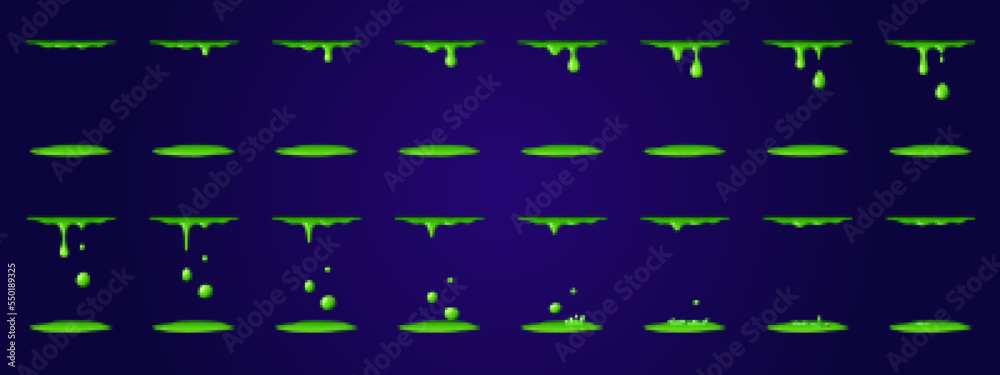 Liquid slime, green poison animation, dripping goo drops and puddles ...