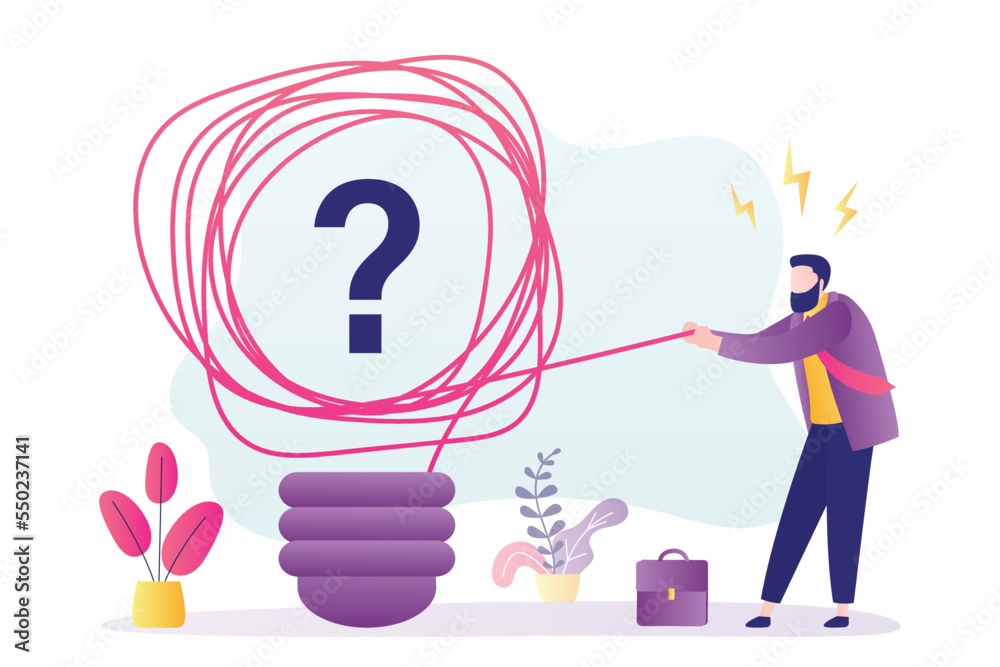 Businessman trying to unravel chaotic tangle and come up with new idea ...