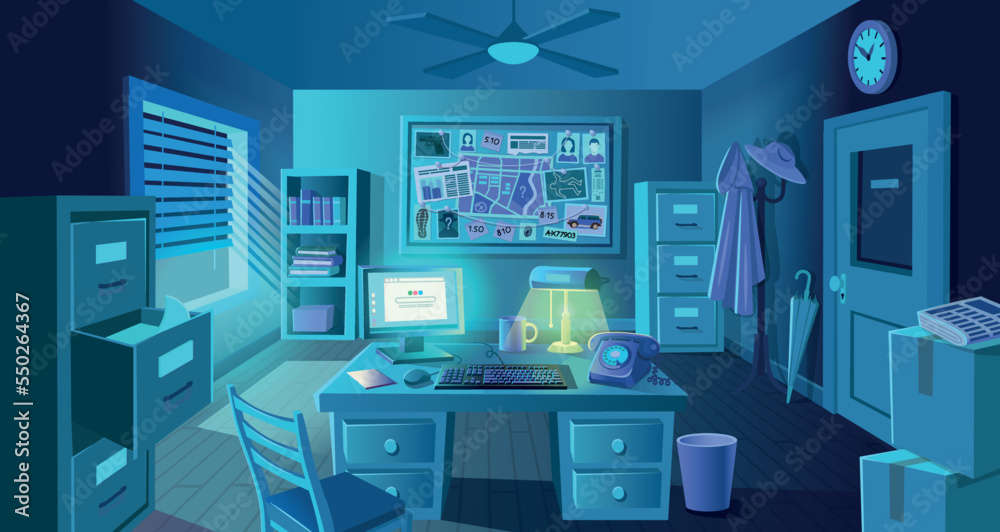 Detective room at night. Police office with evidence board ...