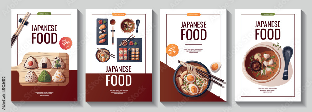 Set of flyers with Sushi, Miso soup, ramen, onigiri. Japanese food ...