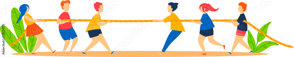 Young cartoon boy girl character pull rope, happy people activity with ...
