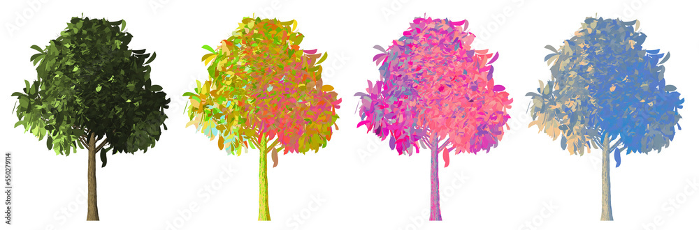 A set of multi-colored deciduous trees with large rounded leaves and ...