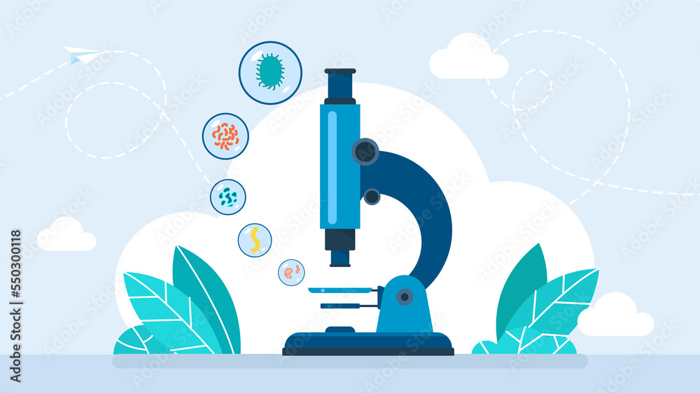 Microscope viewing germs. Types of bacteria. Concept of science ...