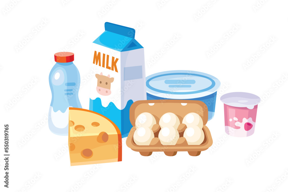 Collection, set of cartoon vector icons of dairy, milk food and drinks ...
