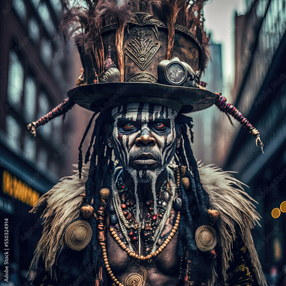 Voodoo witch doctor dressed in traditional clothing with big elaborate ...