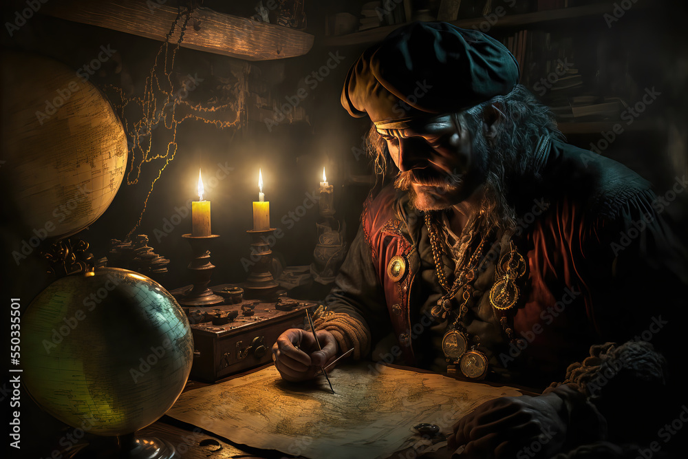 AI generated image of a pirate captain studying his maps using various ...