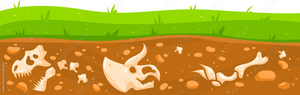 Dinosaur skeleton at underground soil, cartoon ground fossil with bone ...