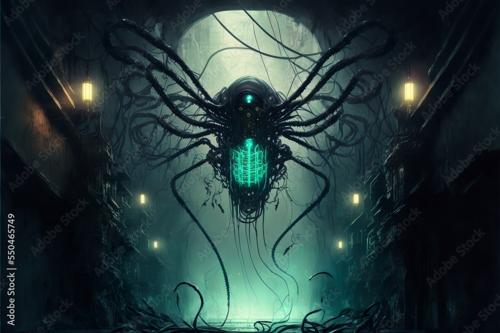 Mechanical neon robot squid sci-fi creature in underground tunnel Stock ...