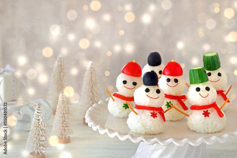 Snowman rice balls with tomato, cucumber, black olive, seaweed, fried ...