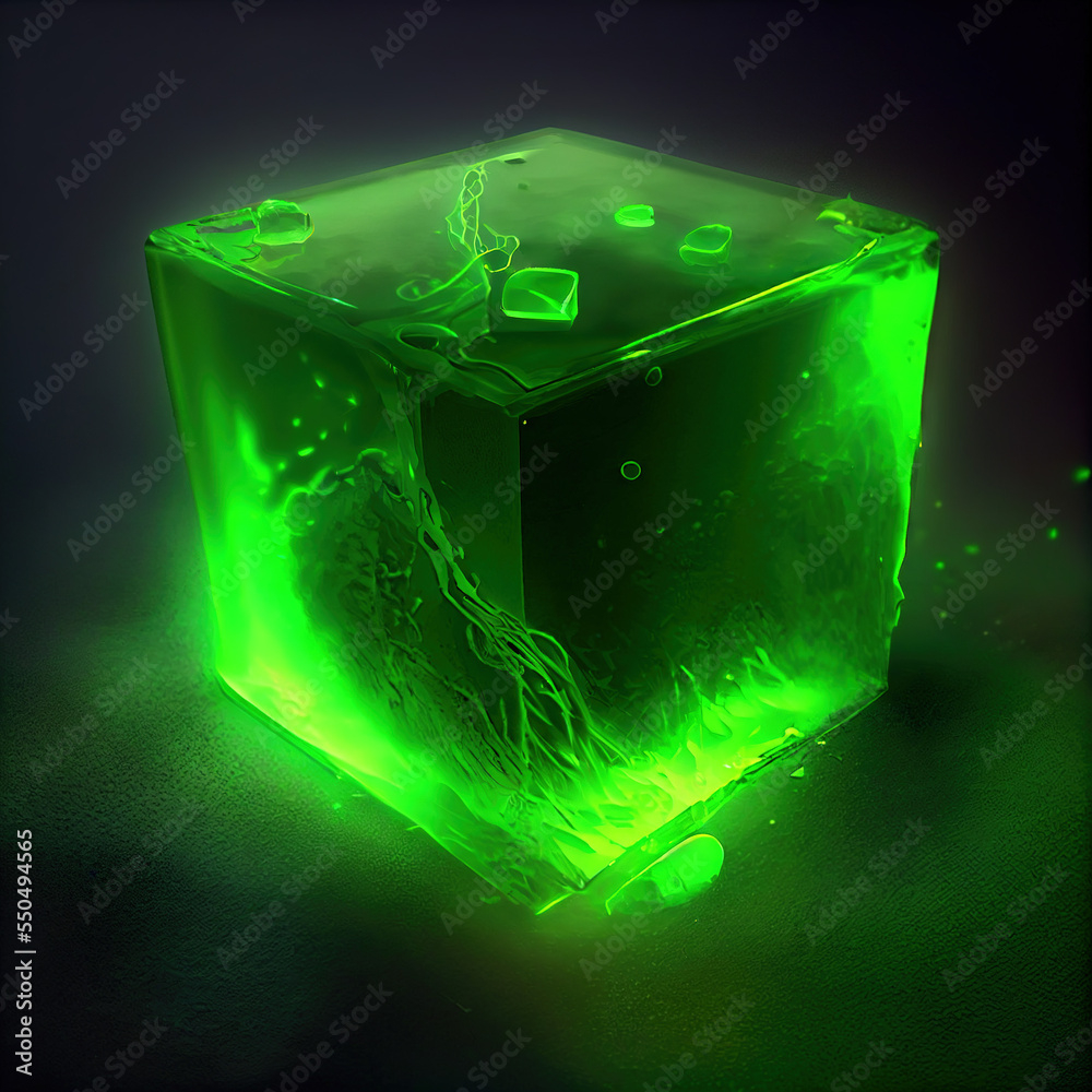 Green Magic Slime Cube. Beautiful glow lighting. Dynamic fluid slime ...