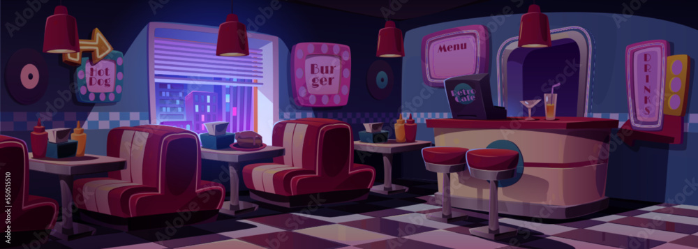 Dark retro cafe interior with tables, red sofas, signboards and counter ...