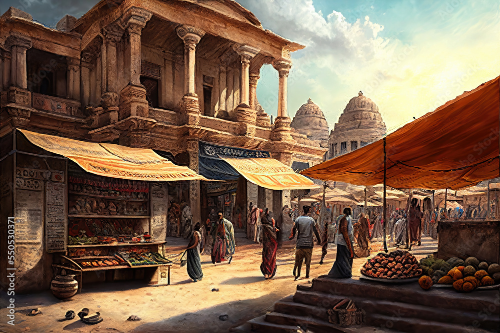 AI generated image of an ancient Indian market with many small shops ...