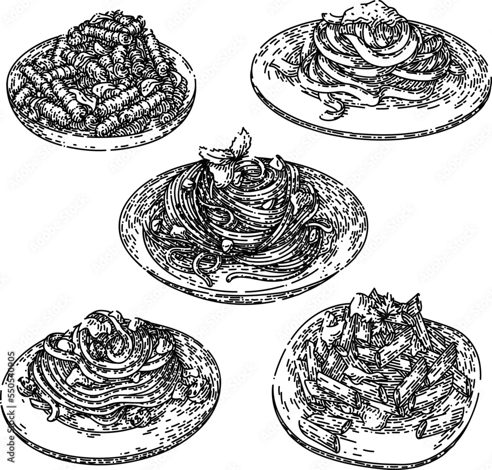 Vector de Stock pasta italian food set hand drawn vector. dish sauce ...