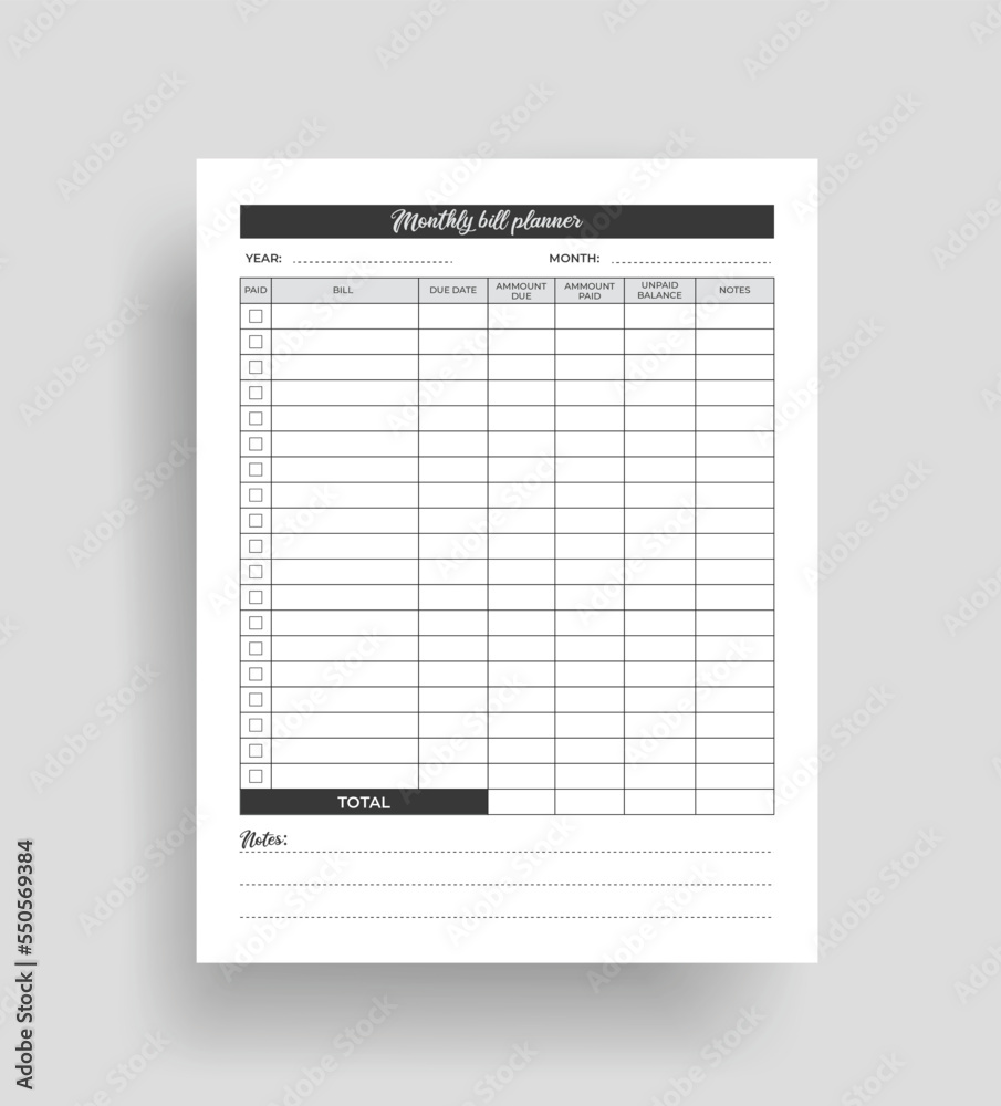 Monthly bill Tracker or monthly bill planner KDP Interior design Stock ...