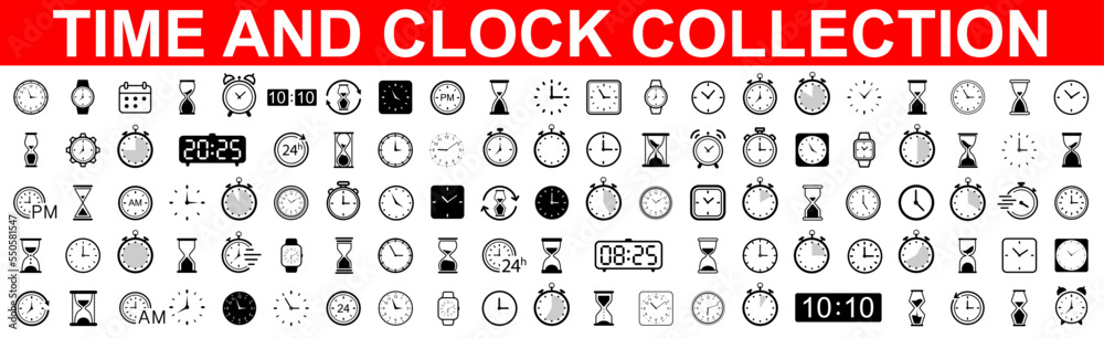Time and Clock icons BIG set. Clocks icon collection design. Horizontal set of analog clock icon ...