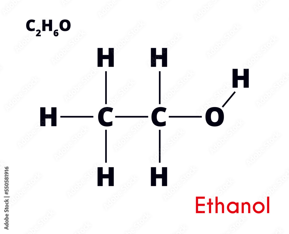 Alcohol (ethanol, ethyl alcohol) molecule, chemical structure. Skeletal ...