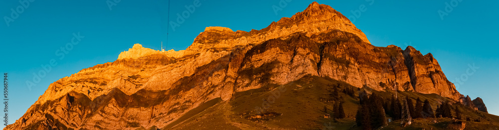 High resolution stitched sunset panorama with alpine glow and the ...