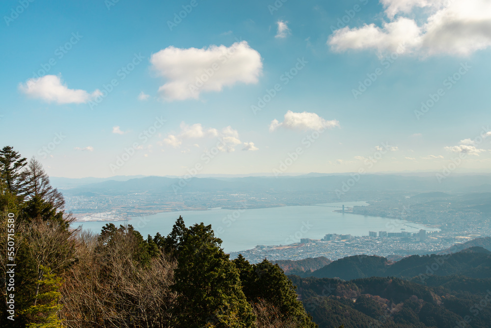 Landscape southern west side of lake Biwa (Biwako) and cityscape of ...