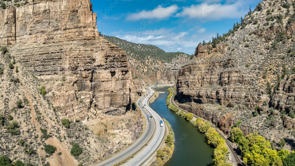 Interstate 70 (I-70) beside the Colorado River in the Rocky Mountains ...