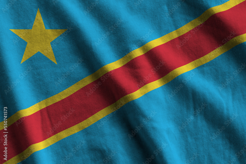 Democratic Republic of the Congo flag with big folds waving close up ...