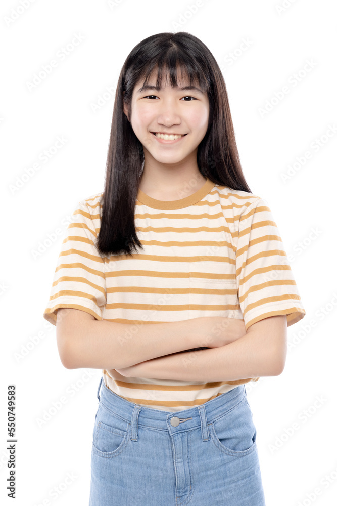 Portrait Happy Young Asian student girl cross arm isolated on ...