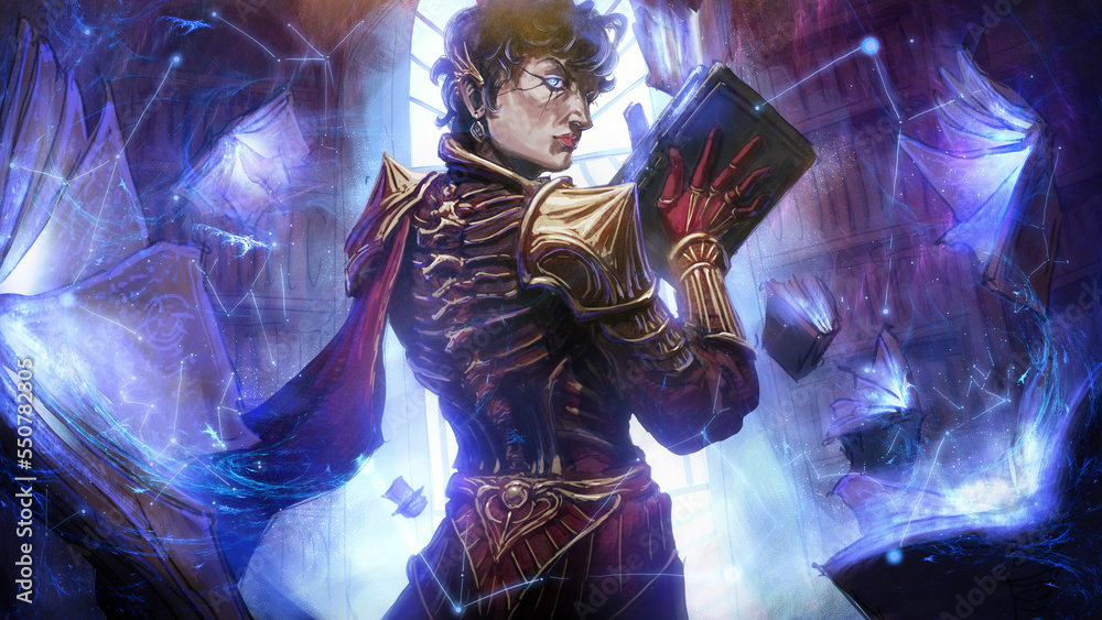 A handsome young black-haired man in the red and gold armor of a ...