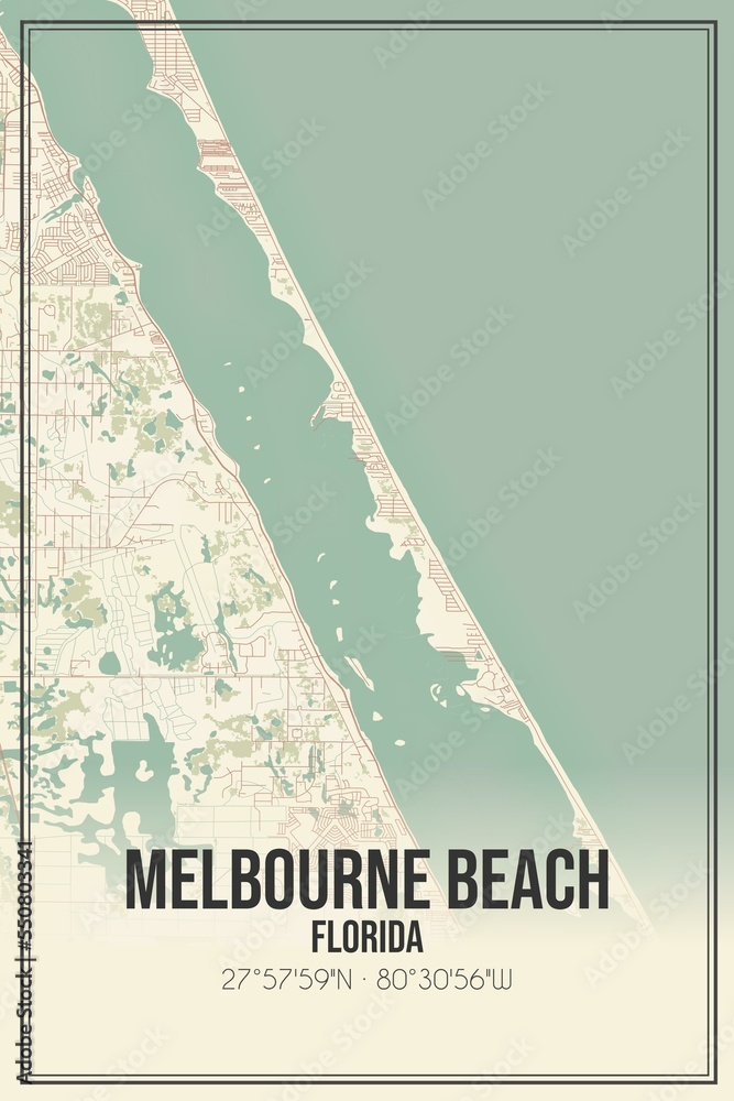 Retro US city map of Melbourne Beach, Florida. Vintage street map ...