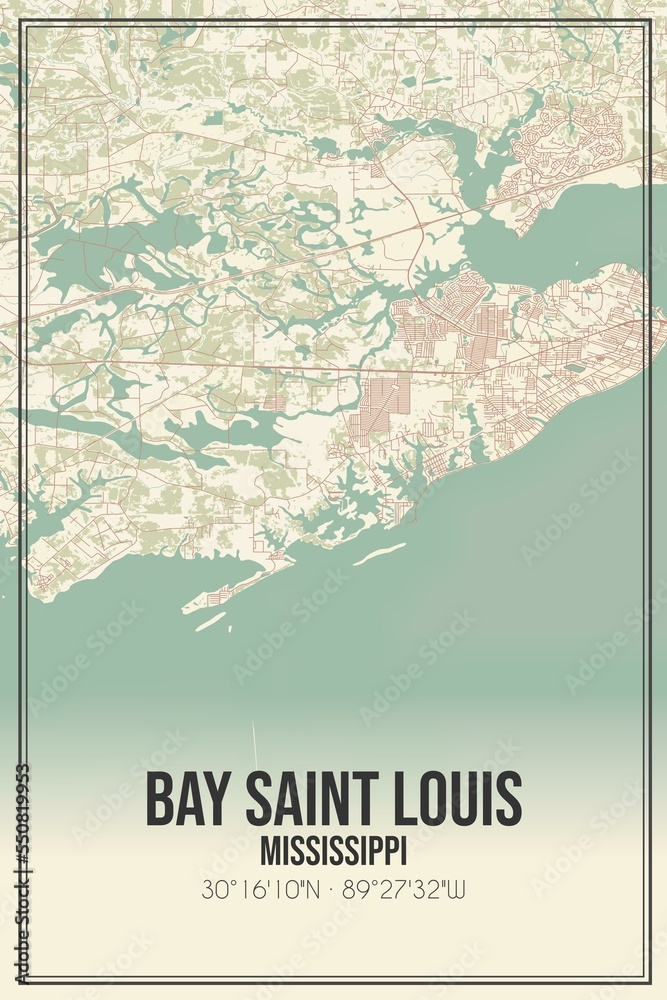 Retro US city map of Bay Saint Louis, Mississippi. Vintage street map ...