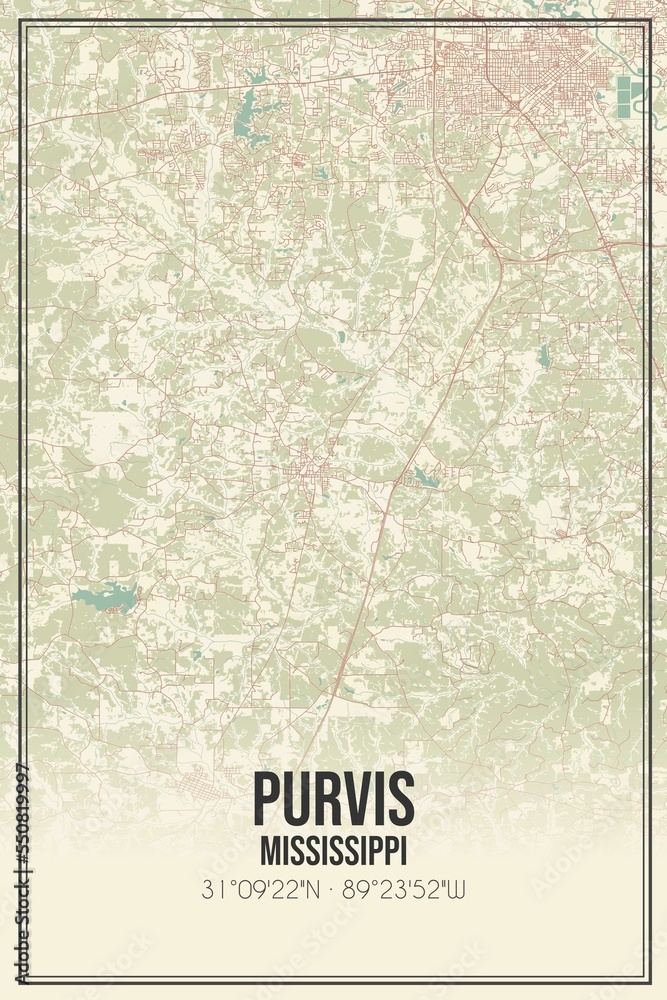 Retro US city map of Purvis, Mississippi. Vintage street map. Stock ...