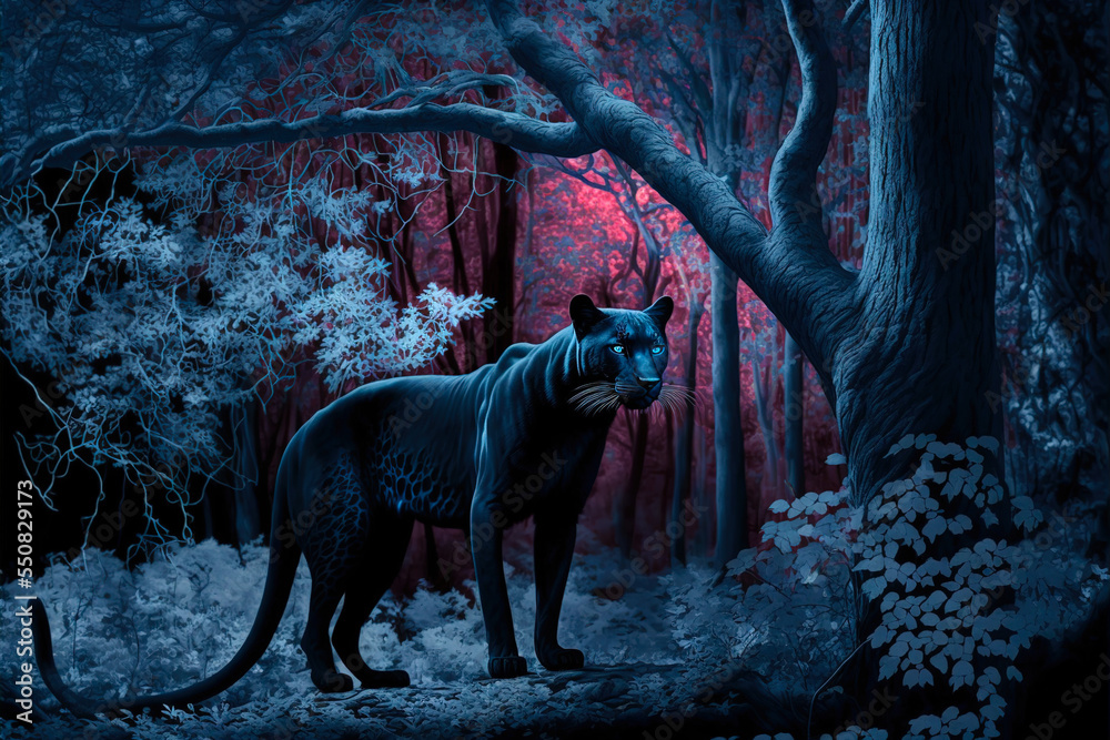 Black panther in the night jungle. Digital art Stock Illustration ...