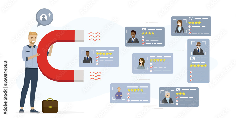 HR agent uses magnet and attract resume of job seekers. Interview ...