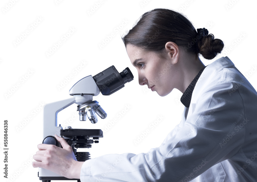 Woman using a microscope in the lab Stock Photo | Adobe Stock