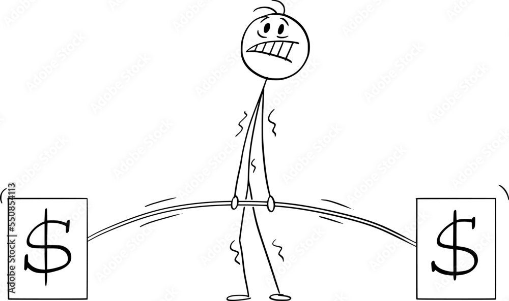 Businessman Trying to Lift Heavy Dollar Barbell, Vector Cartoon Stick ...