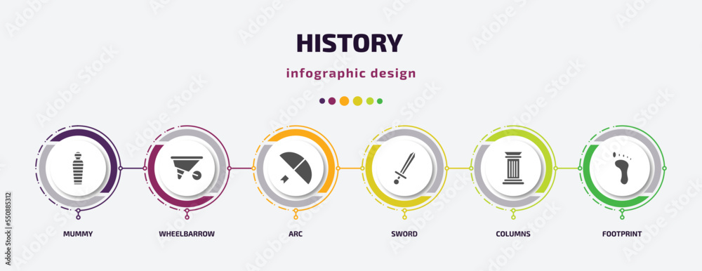 Vektor history infographic element with filled icons and 6 step or ...