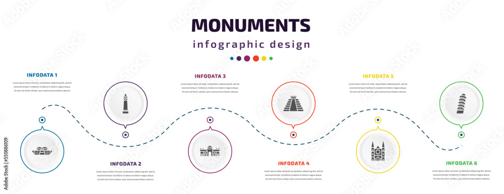 monuments infographic element with filled icons and 6 step or option ...