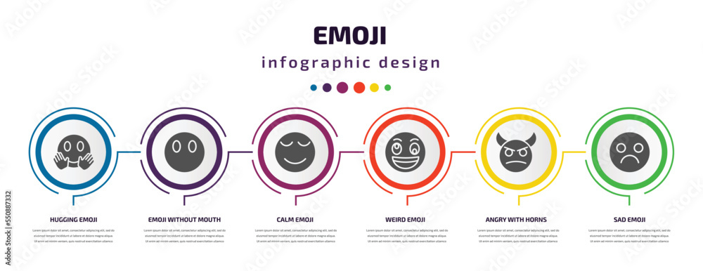 emoji infographic element with filled icons and 6 step or option. emoji ...