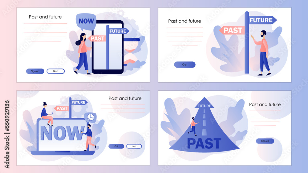 Past and future concept. Tiny people choice between past and future. Business alternative. Move ...