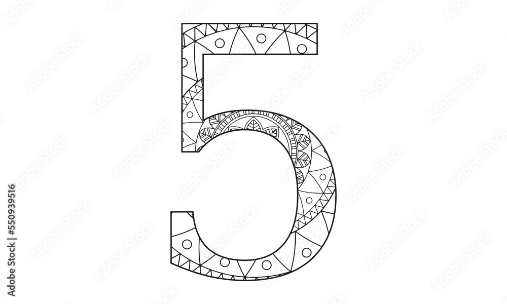 Zentangle stylized alphabet.Number 5 in doodle style. Hand drawn sketch ...